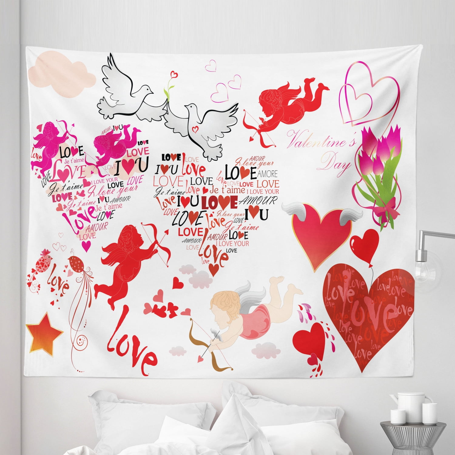 Love Tapestry, Pattern of Valentines Day Themed Cupid Silhouettes with ...