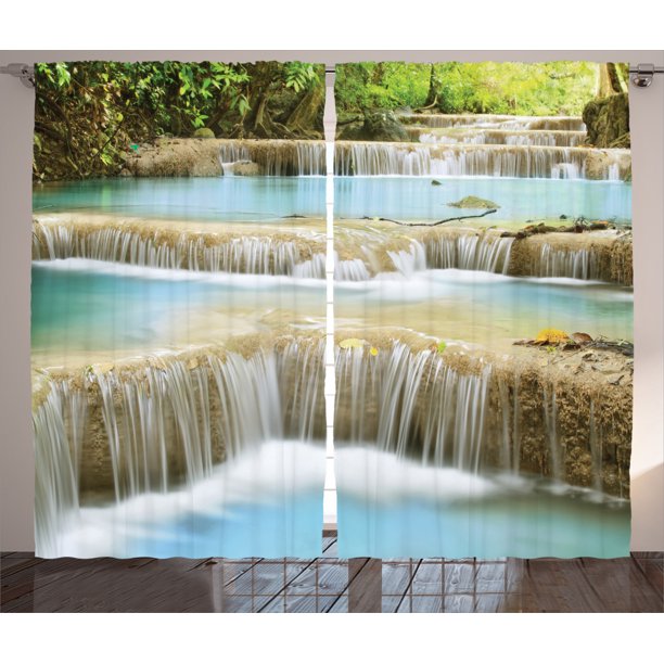 Waterfall Decor Curtains 2 Panels Set, Water Falls into The Lake ...