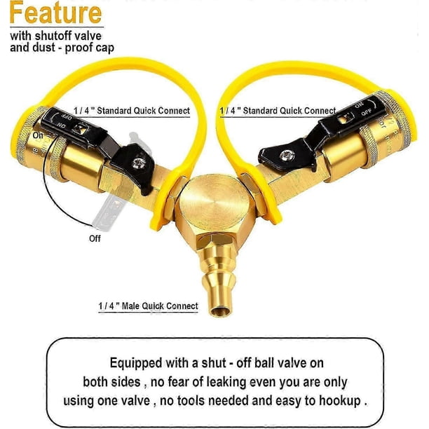 1/4" RV Propane Quick Connect Y Splitter Adapter with Shutoff Valve for ...