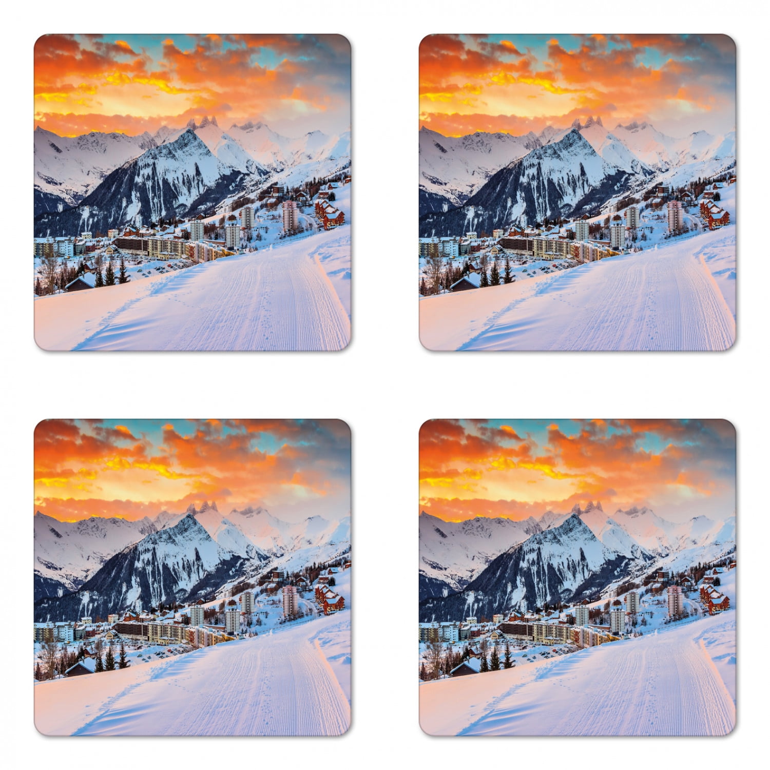 Winter Coaster Set of 4, Majestic Winter Seasonal Scenery over High ...