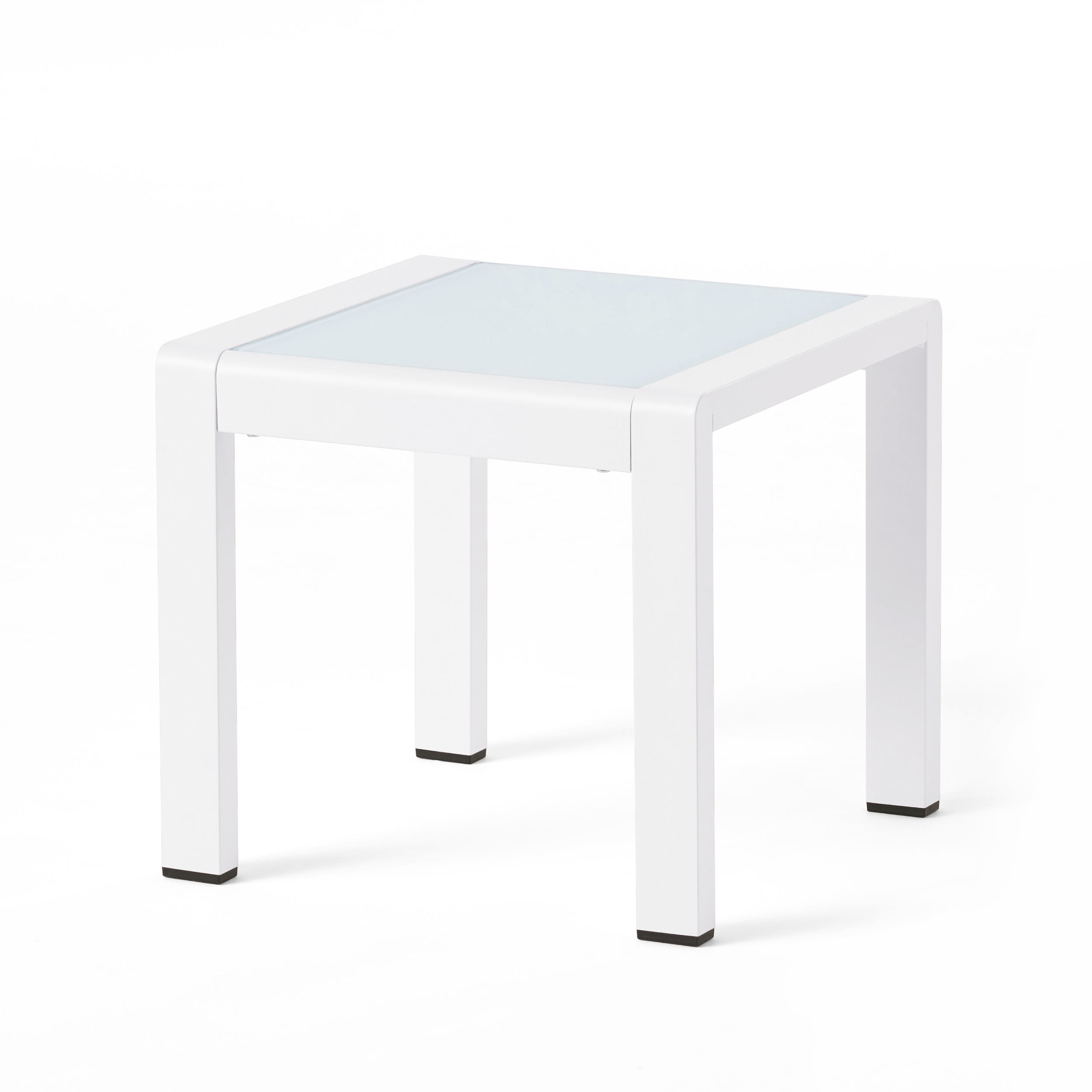 GDF Studio Crested Bay Outdoor Aluminum Side Table with Glass Top, Matte White and White ...