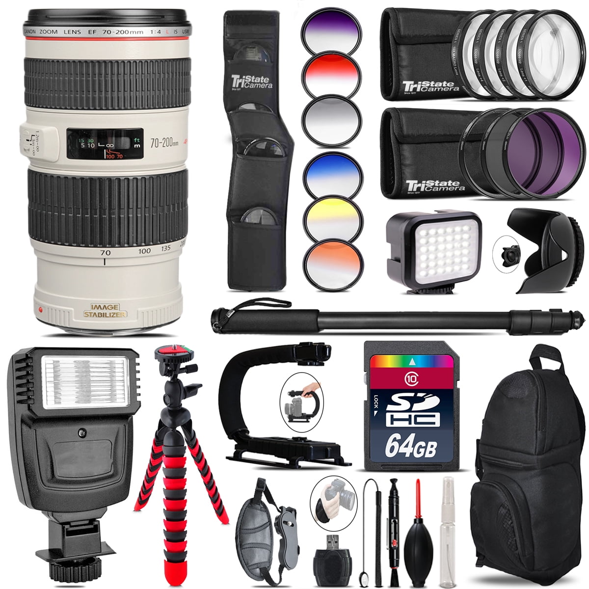 Canon EF 70-200mm 4L IS USM Lens + Color Set + LED Light - 64GB ...