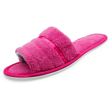 Women's Terry Slipper Open Toe Slip On House Shoes Warm Fuzzy Slide ...