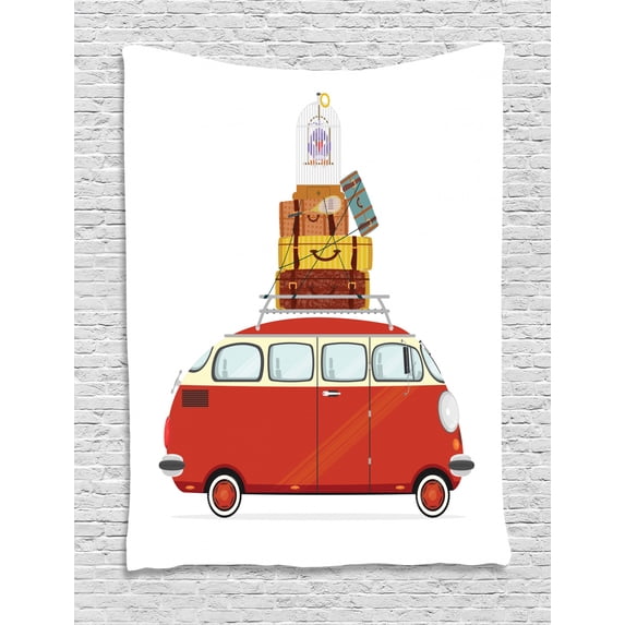 Camper Tapestry, Cartoon Style Retro Minivan with Suitcases and Bird ...
