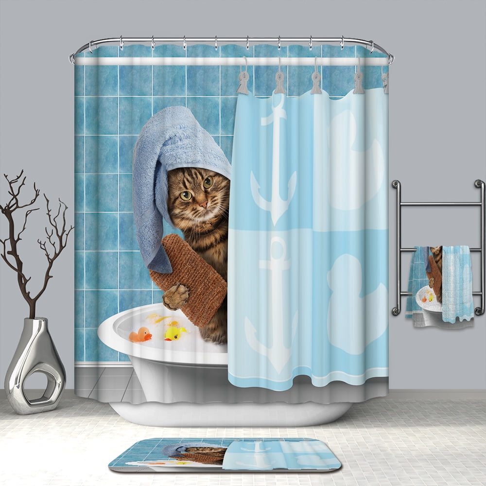 Cat Fabric Shower Curtain with 12 Hooks Cute Bathtub Bath Towel Blue ...