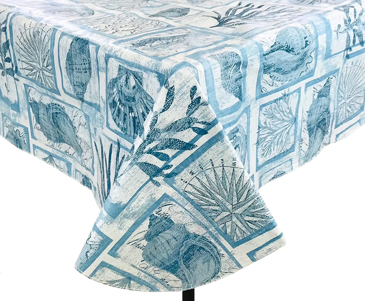 Ocean Shells Blue Flannel Back Vinyl Tablecloth: Fun Easy Clean Table ...