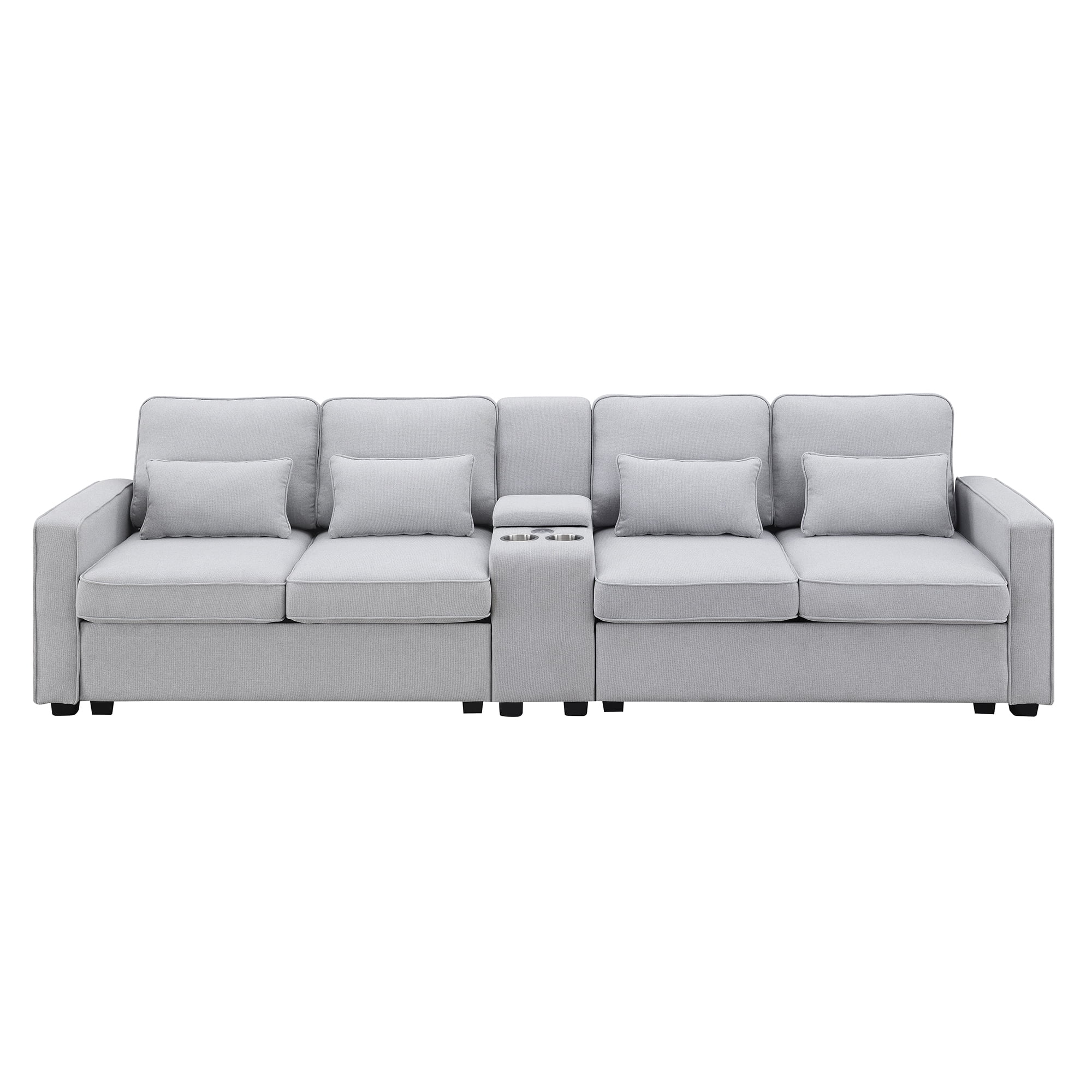 Modern 4 Seater Large Sofa with Console, Linen Fabric Upholstered Couch ...
