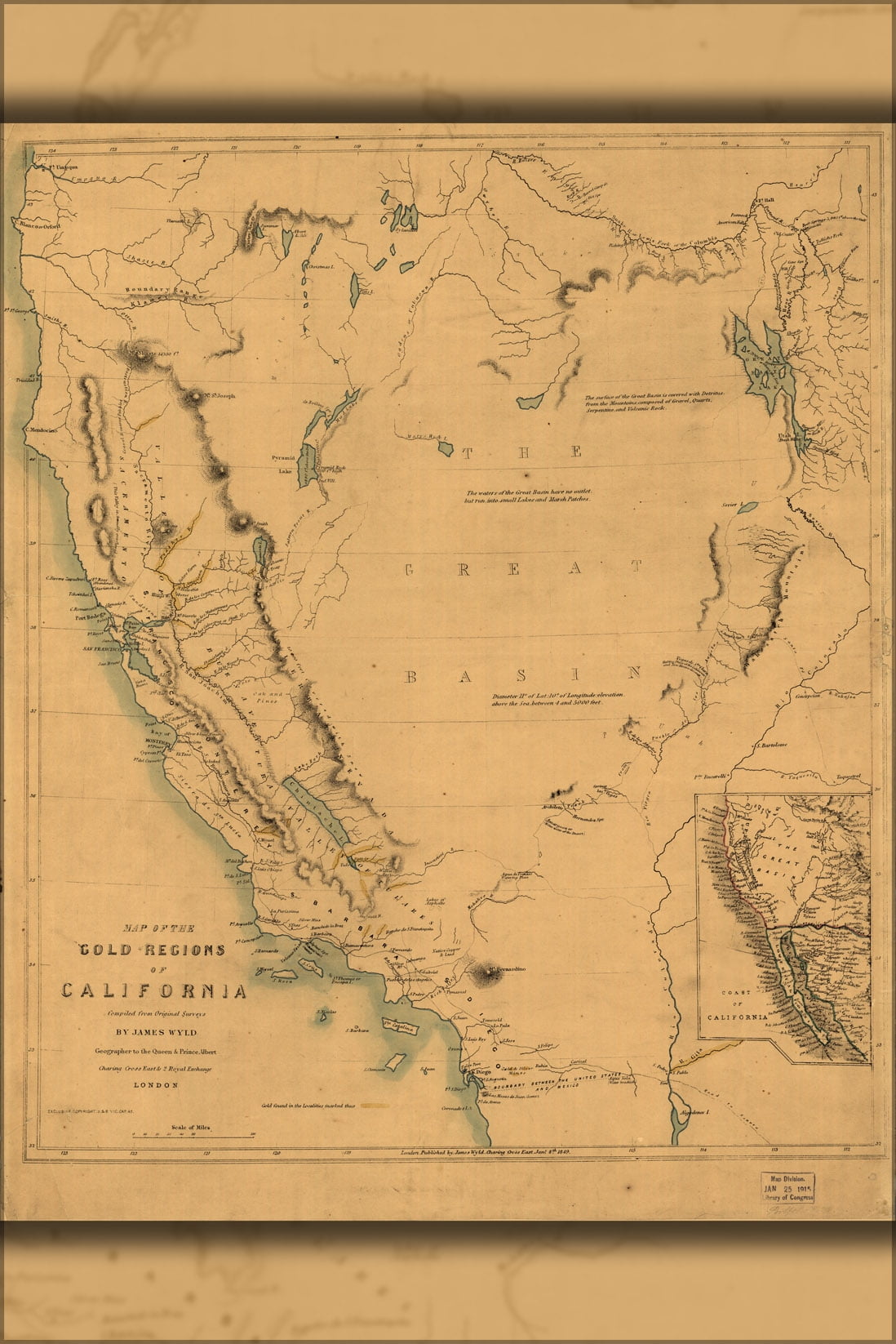 24"x36" Gallery Poster, Map of the gold regions of California 1849 ...