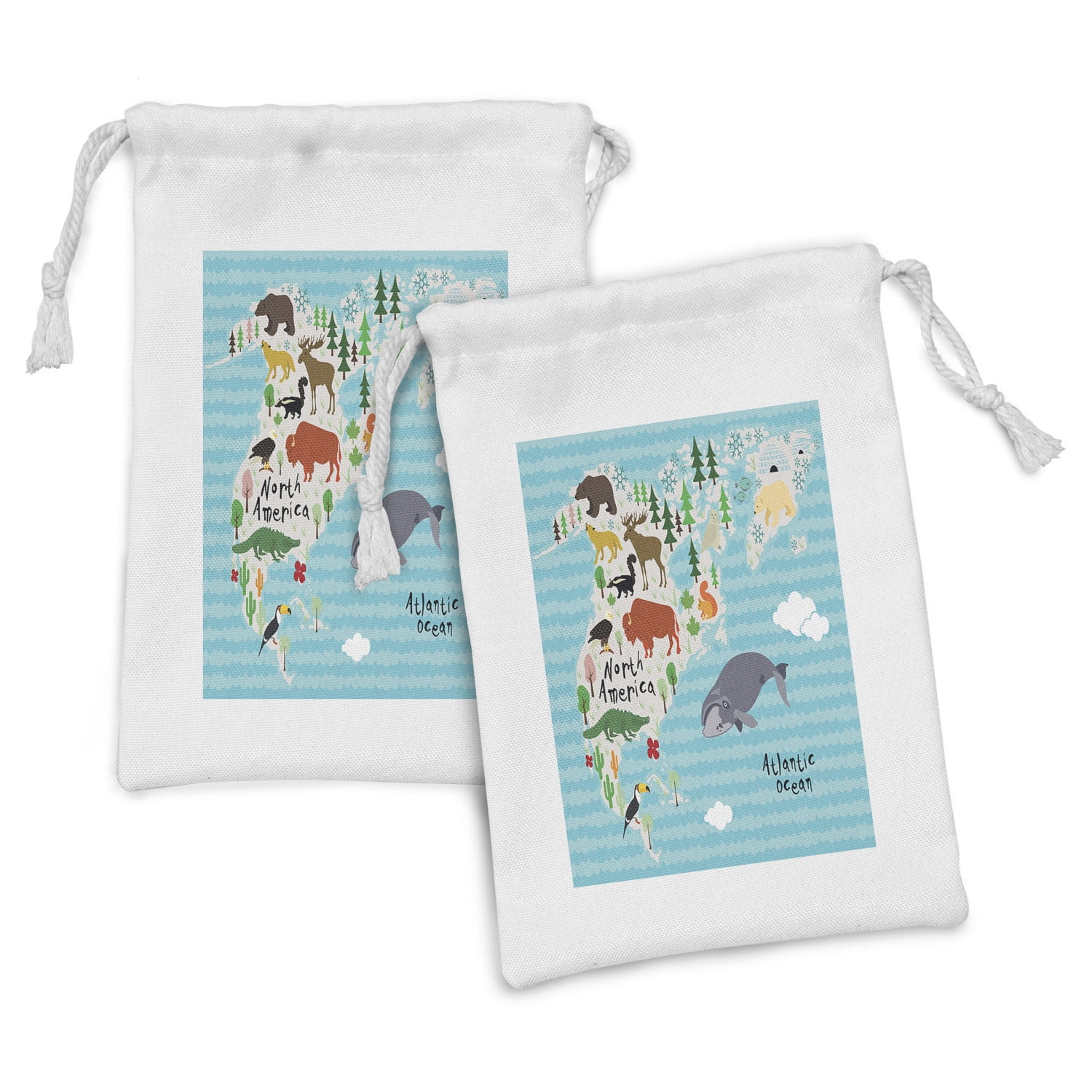 North America Fabric Pouch Set of 2, Continent Map with Cartoon Style ...