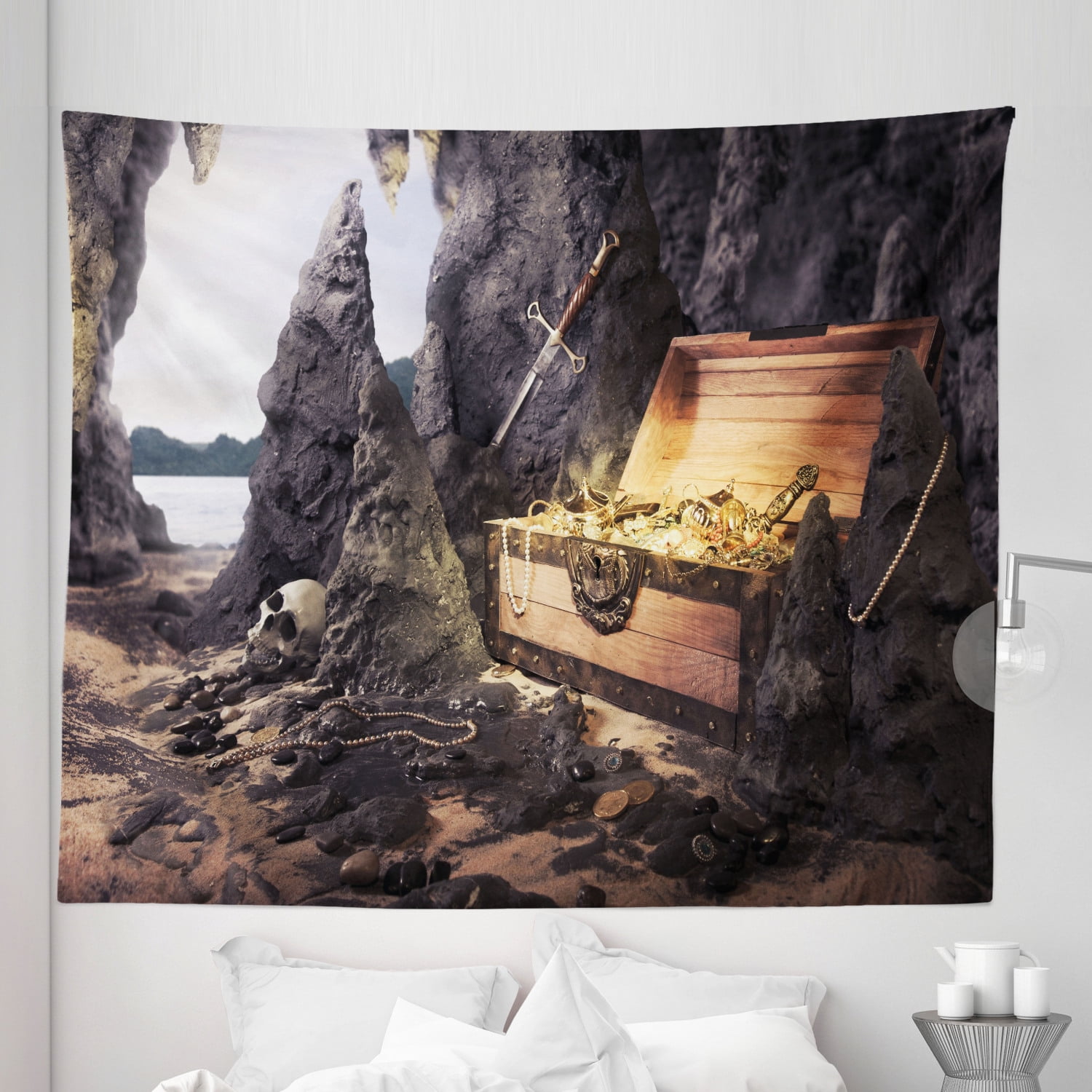 Fantasy Tapestry, Open Treasure Chest with Gold Coins in Cave Pirate ...