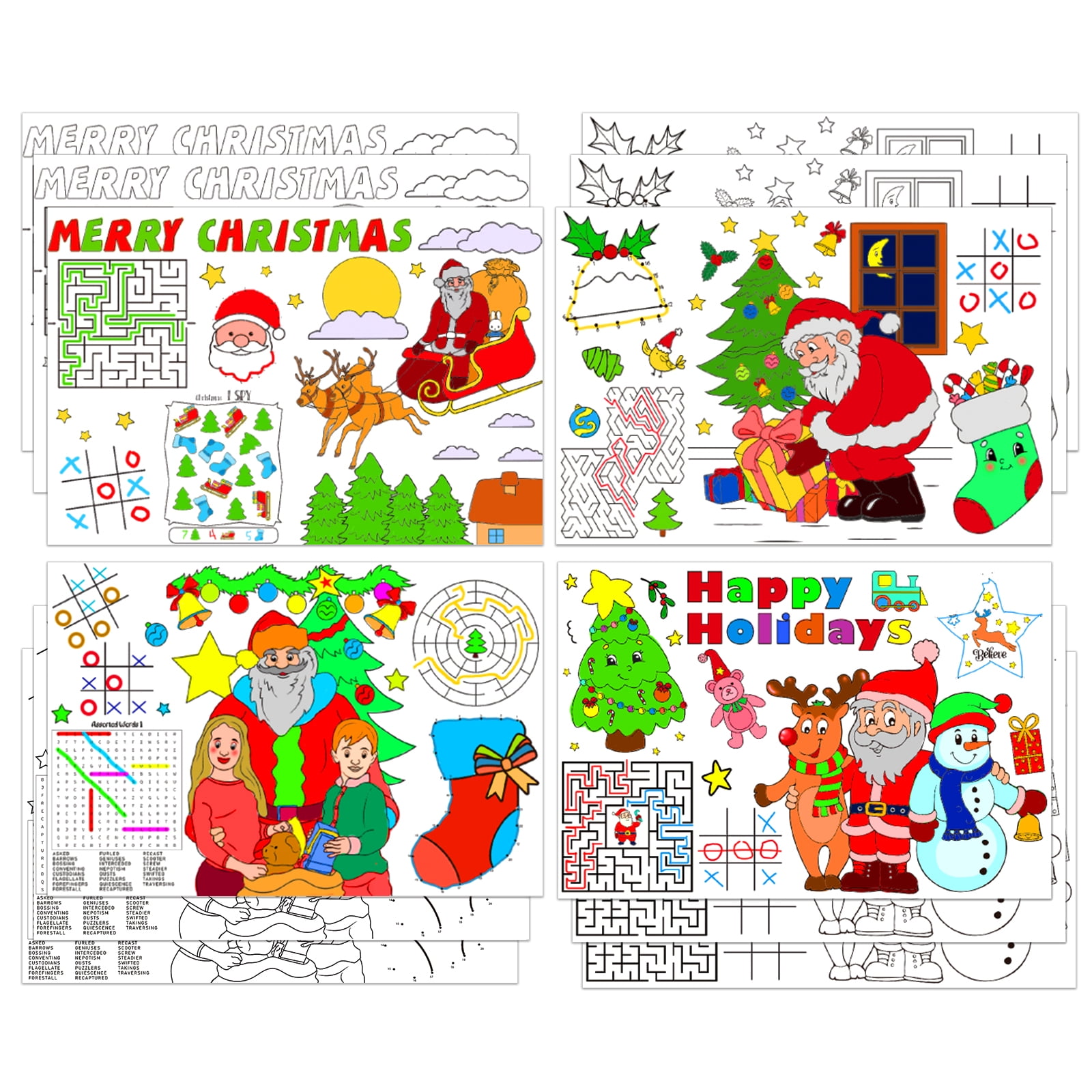 WaaHome Merry Christmas Placemats for Kids 12 Sheets Coloring Activity ...
