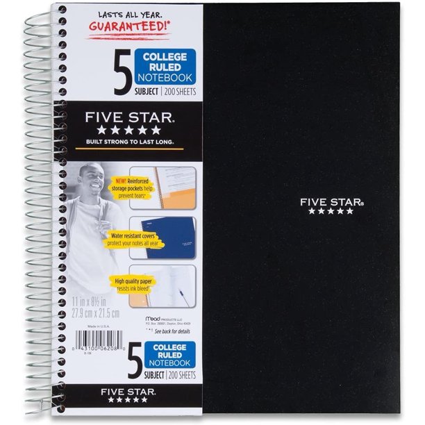Five Star Spiral Notebook + Study App, 5 Subject, College Ruled Paper ...