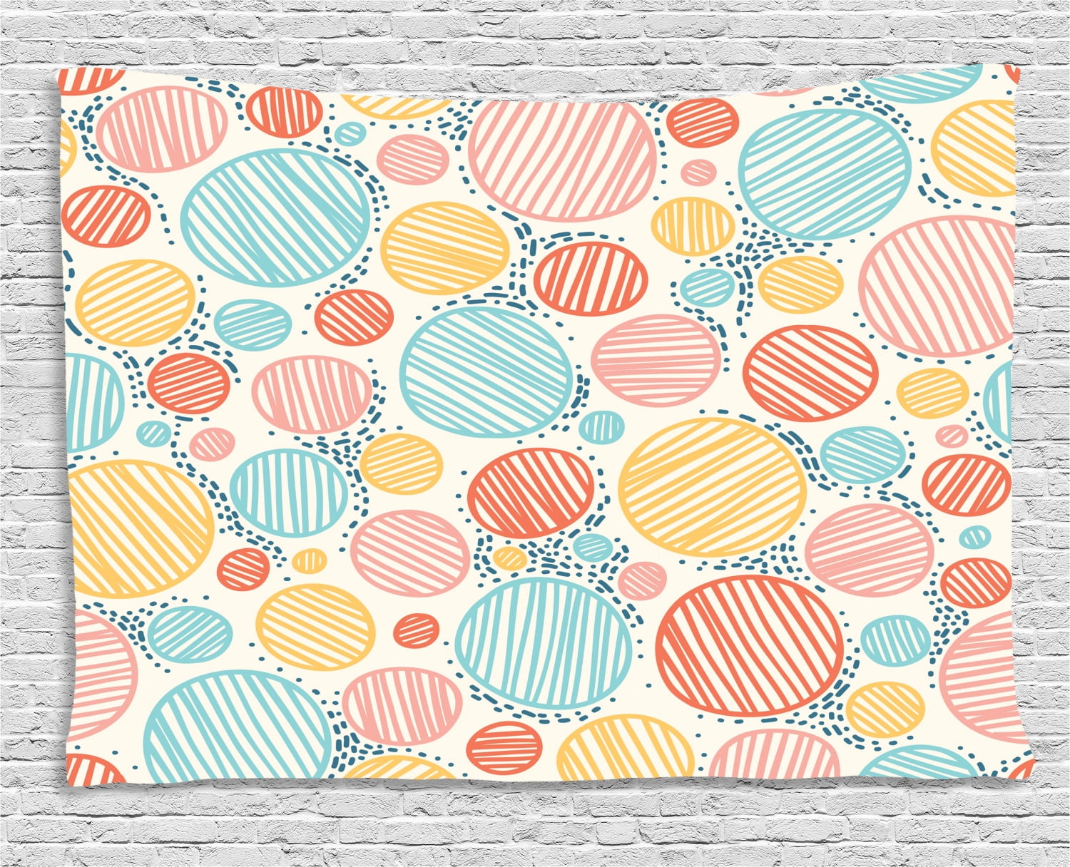 Colorful Tapestry, Hand Drawn Style Striped Circles and Dots in Pastel ...