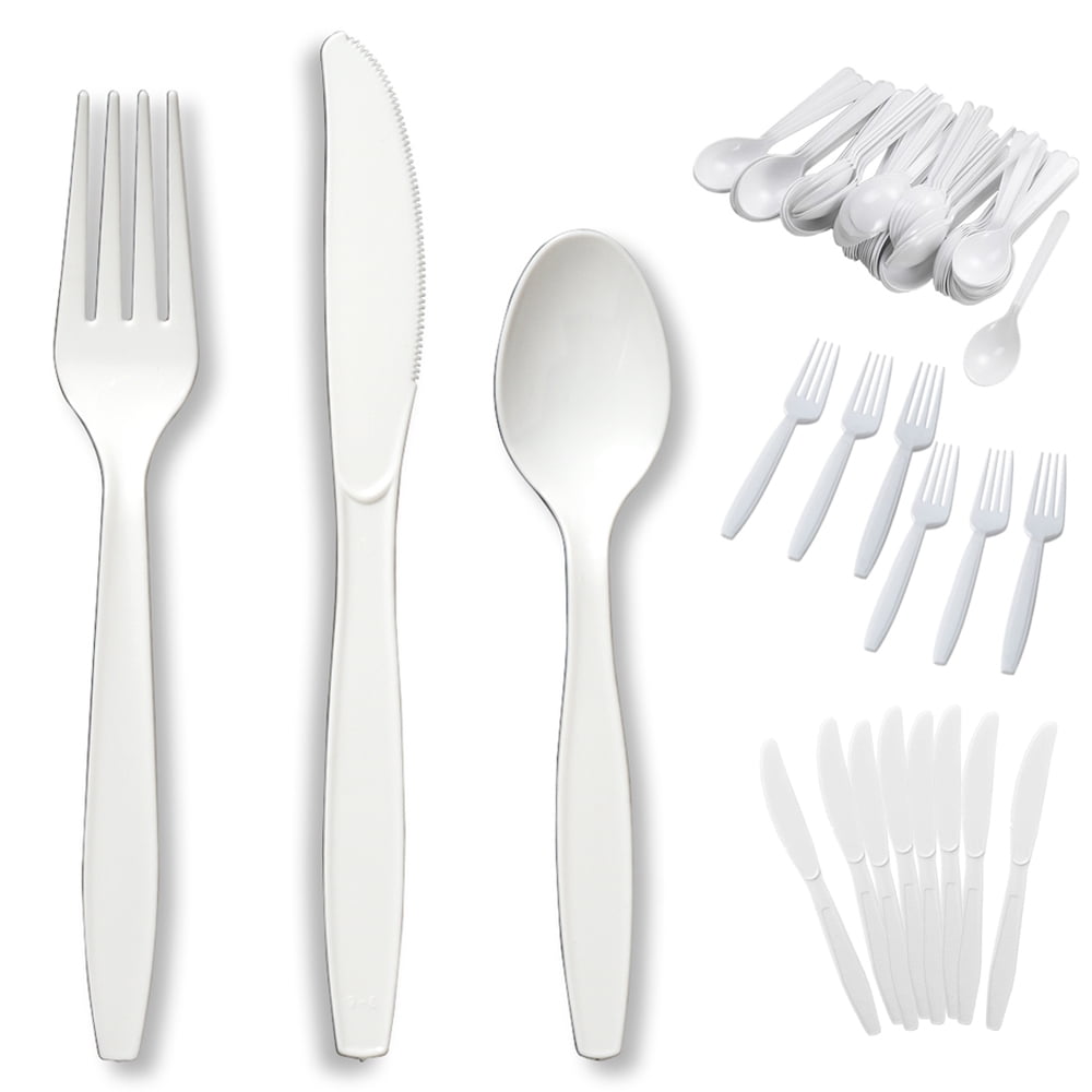 48PCS Plastic Cutlery Set Disposable Utensil Forks Knifes Spoons White ...