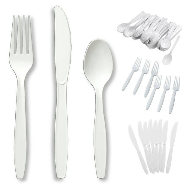 48PCS Plastic Cutlery Set Disposable Utensil Forks Knifes Spoons White ...