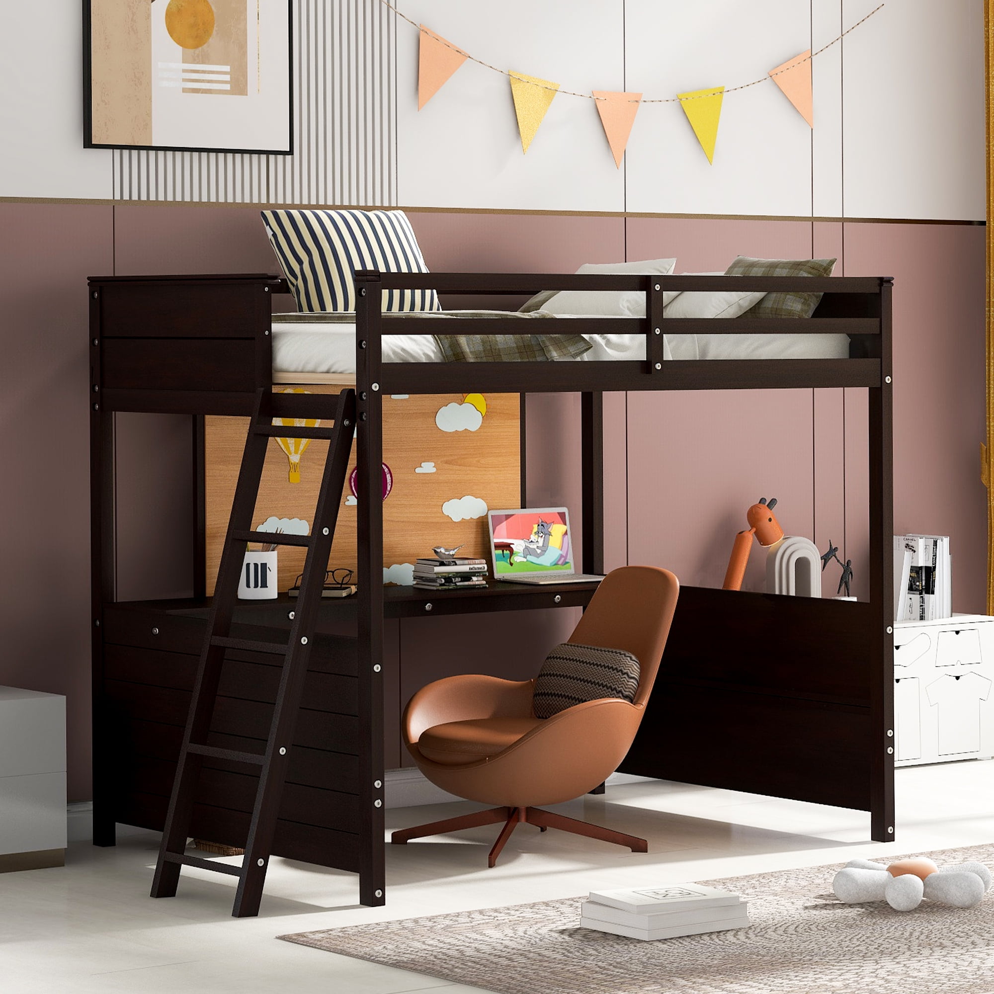 Full size Loft Bed with Desk and Writing Board, Wooden Loft Bed with ...