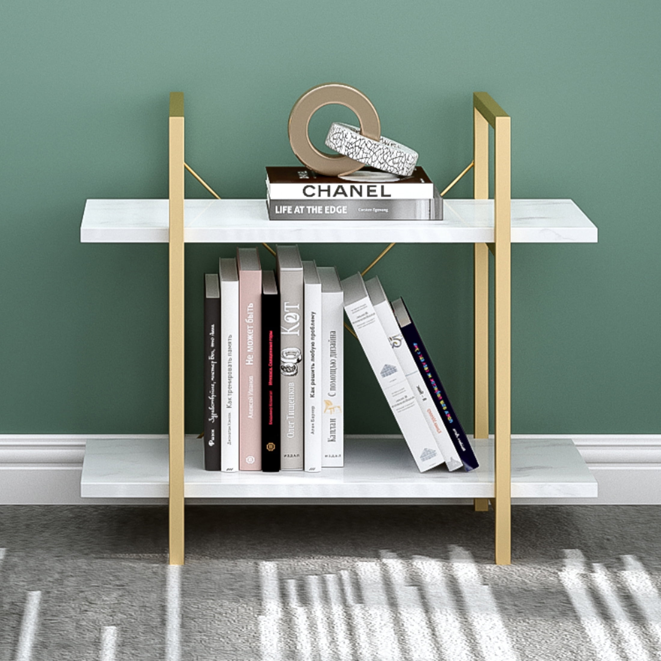 IOTXY Modern 2-Tier Bookshelf with Gold Metal Frame and White Marble ...