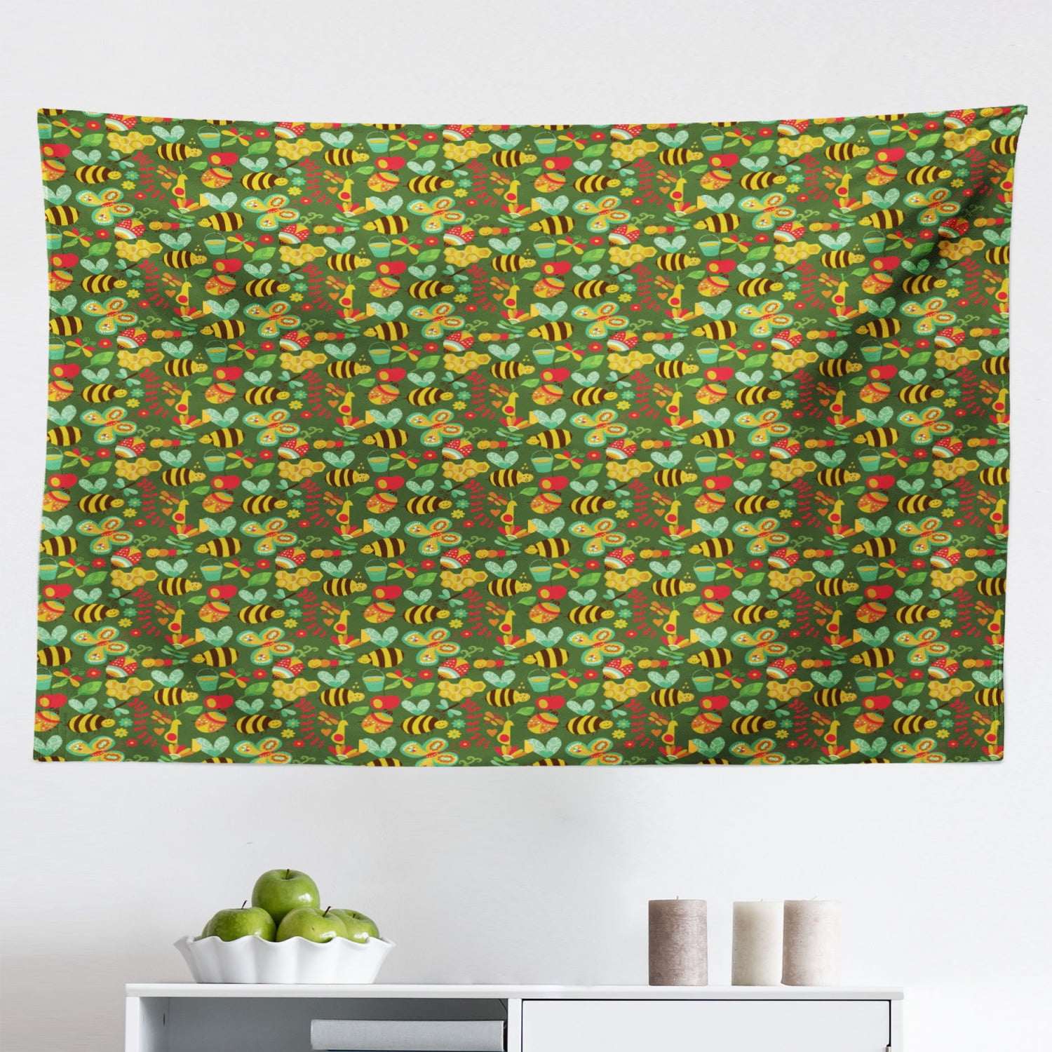 Bee Tapestry, Hand-Drawn Honey Bees Rose Buds Petals and Leaves Pattern ...