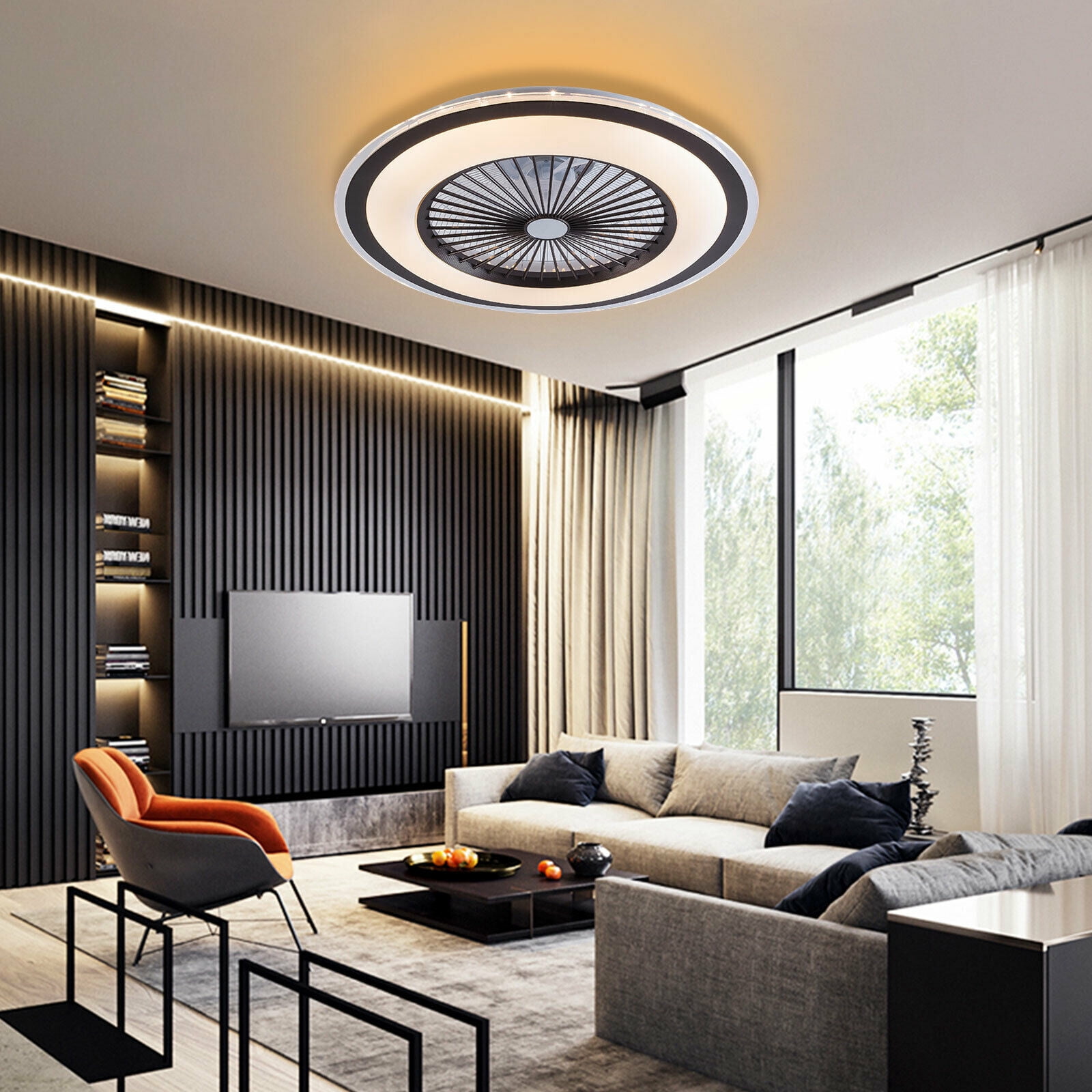 23" LED Ceiling Fan Light Dimmable Modern Flush Mount 3 Speed Fan Lamp ...