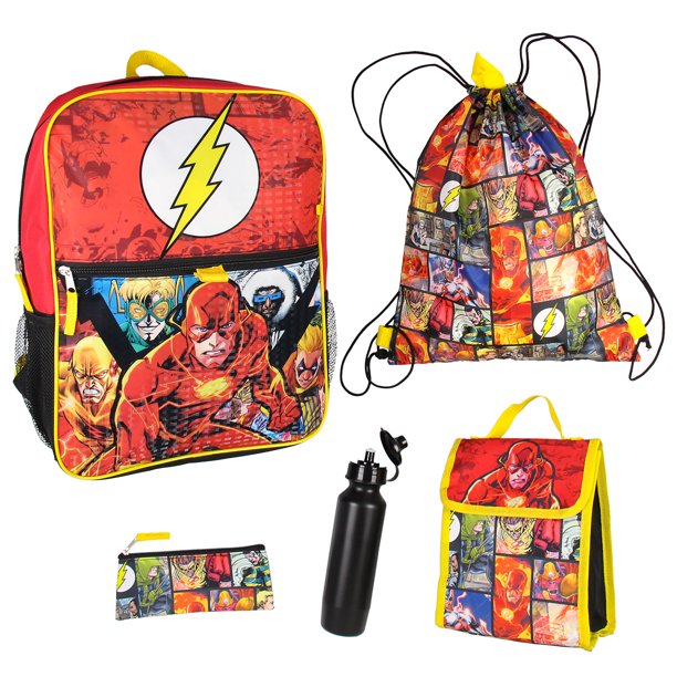 DC Comics The Flash 16" Backpack Cinch Bag Water Bottle Lunch Tote 5 Pc ...