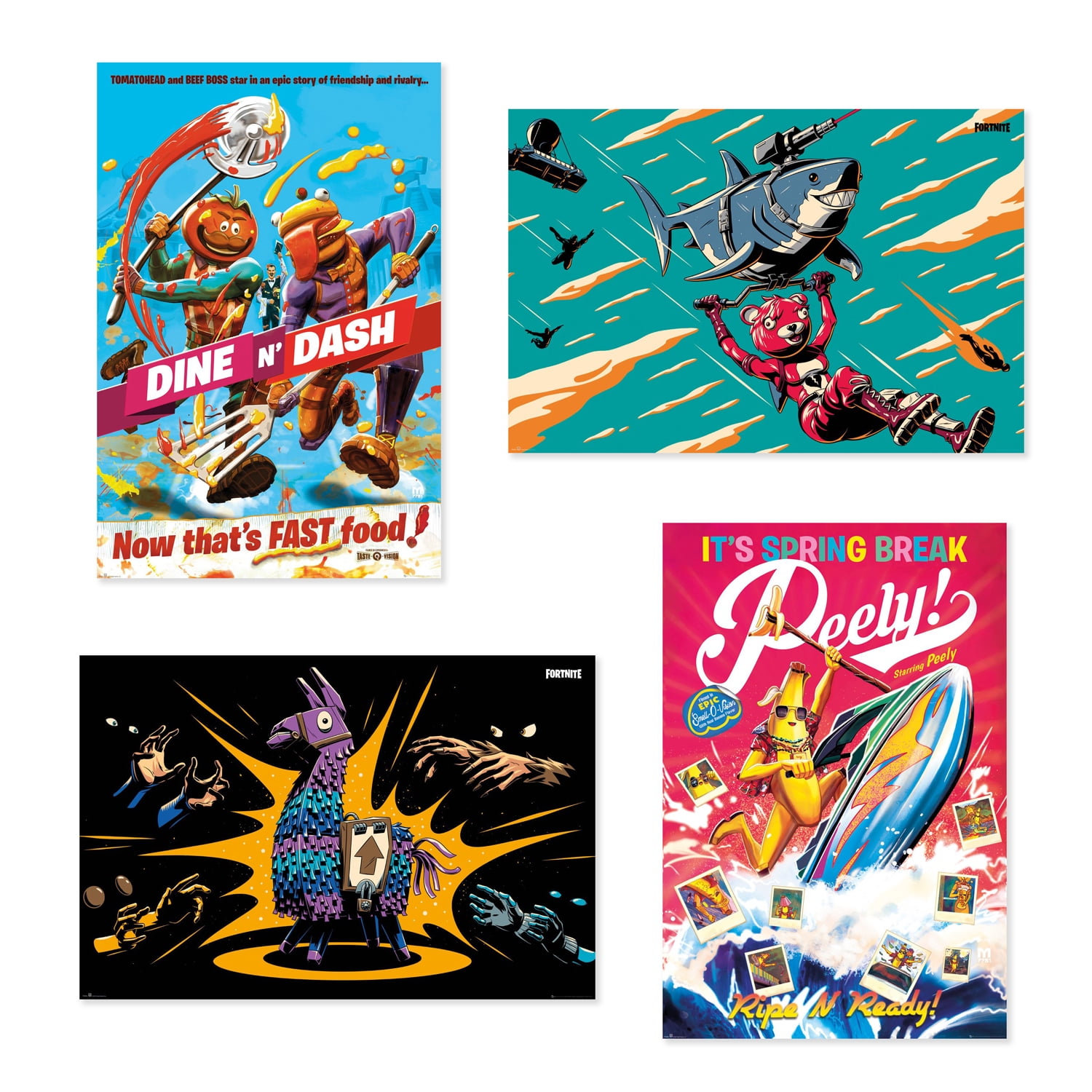 FORTNITE - 4 PIECE GAMING POSTER SET (SHARK, LLAMA, BEEF BOSS, PEELY ...