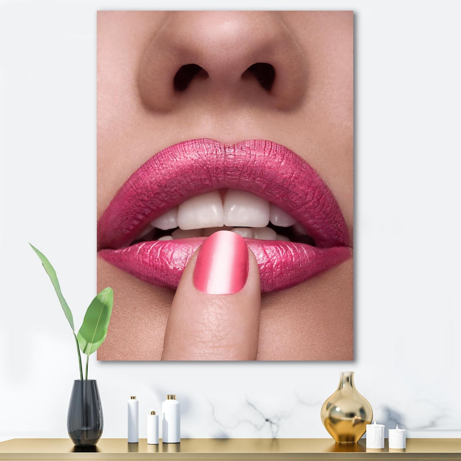 Click here for Designart Pink Woman Lips With Finger On Mouth Can... prices