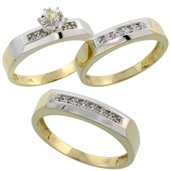 10k Yellow Gold Diamond Trio Wedding Ring Set His 5mm & Hers 4.5mm ...