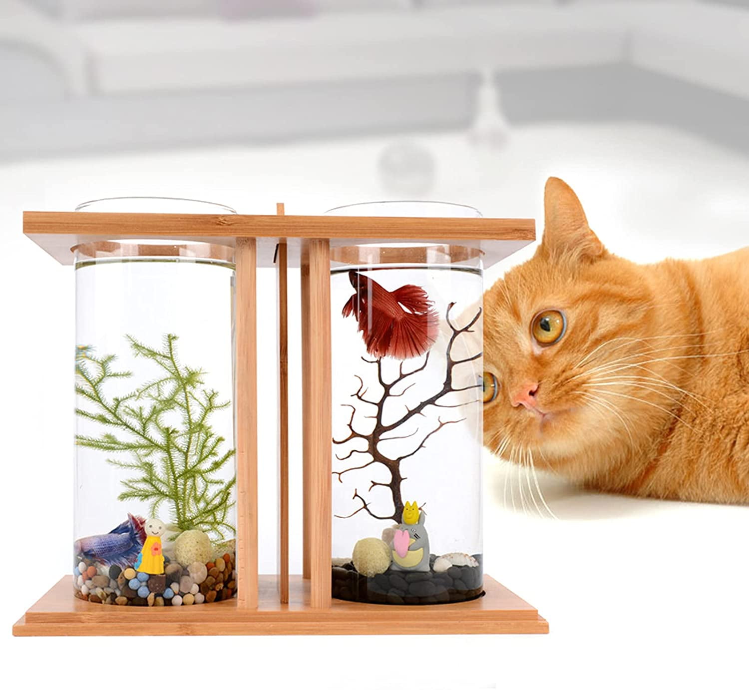 Miumaeov Bamboo Fish Bowl Office Glass Aquarium Mini Fish Tank ...
