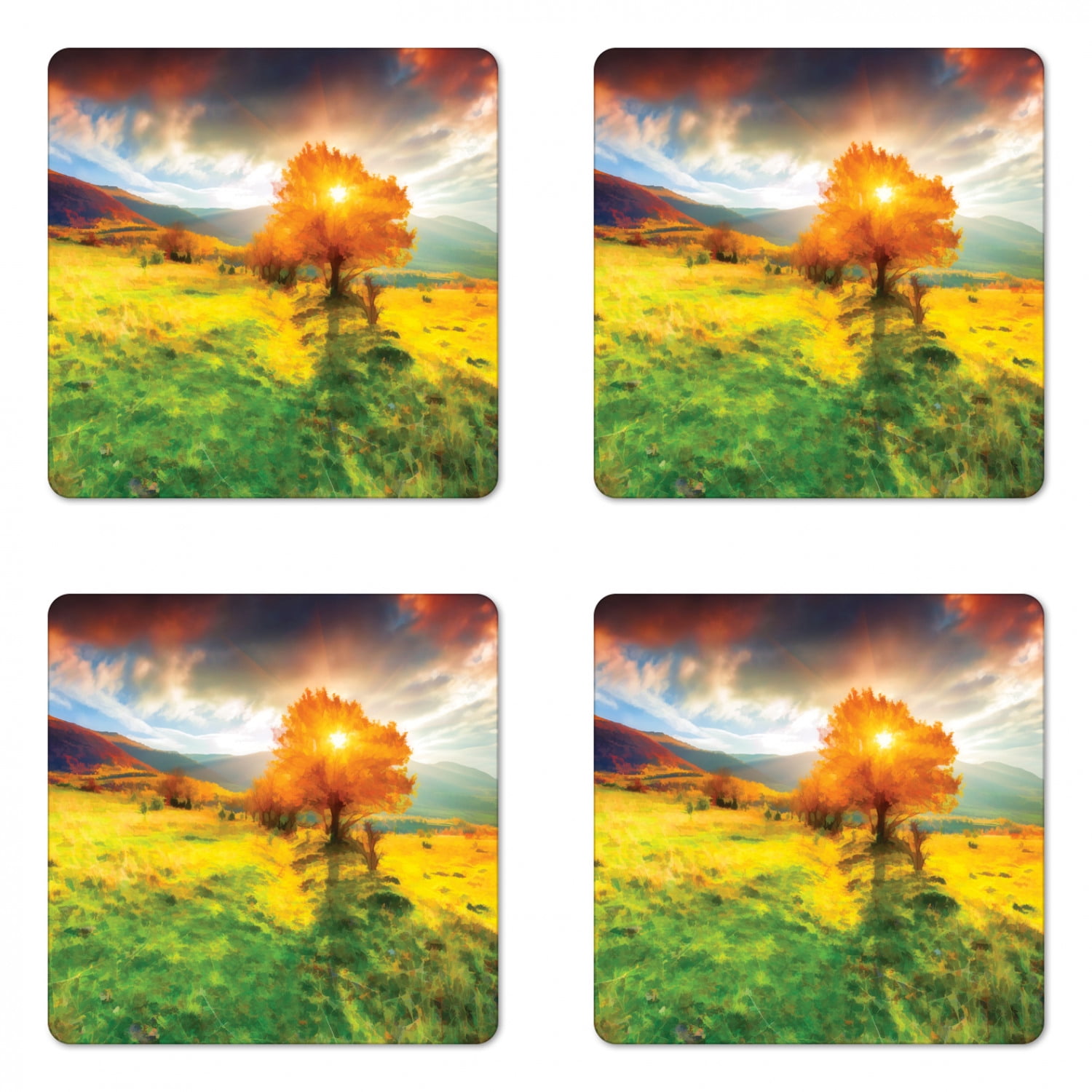 Landscape Coaster Set of 4, Fall Season Illustration with Mountains and ...