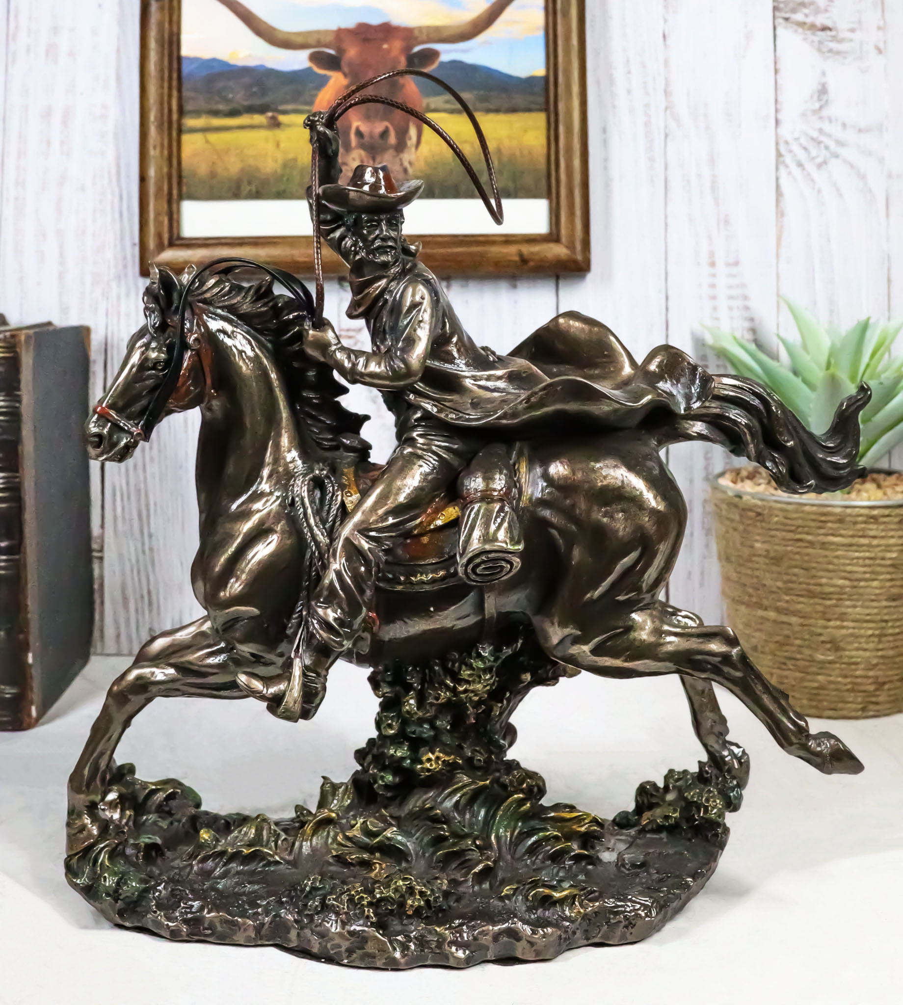Rustic Western Rodeo Cowboy With Lasso Rope On Running Mustang Horse ...