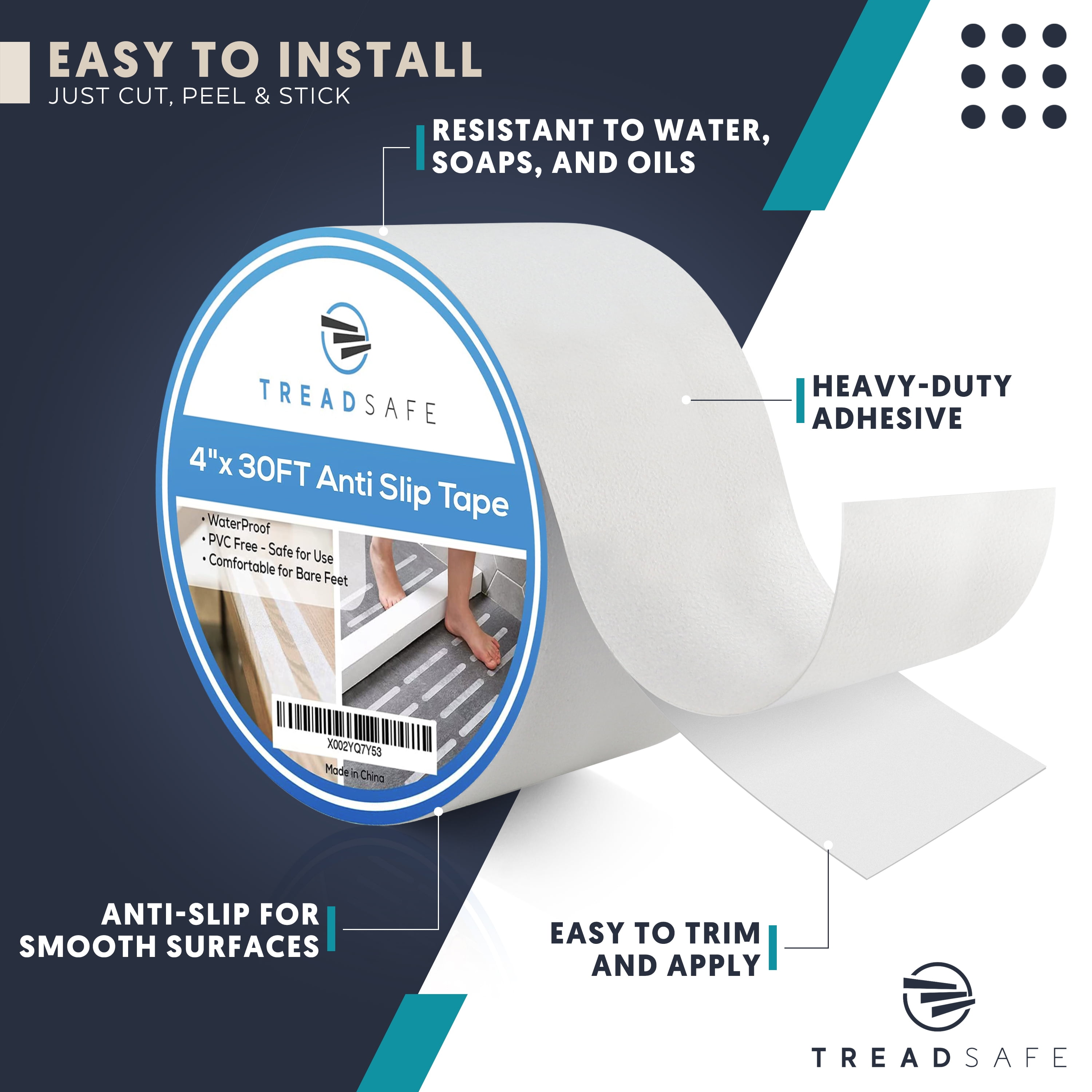 TreadSafe Clear Stair Treads Anti Slip Tape, 4" x 30ft Traction Tape ...