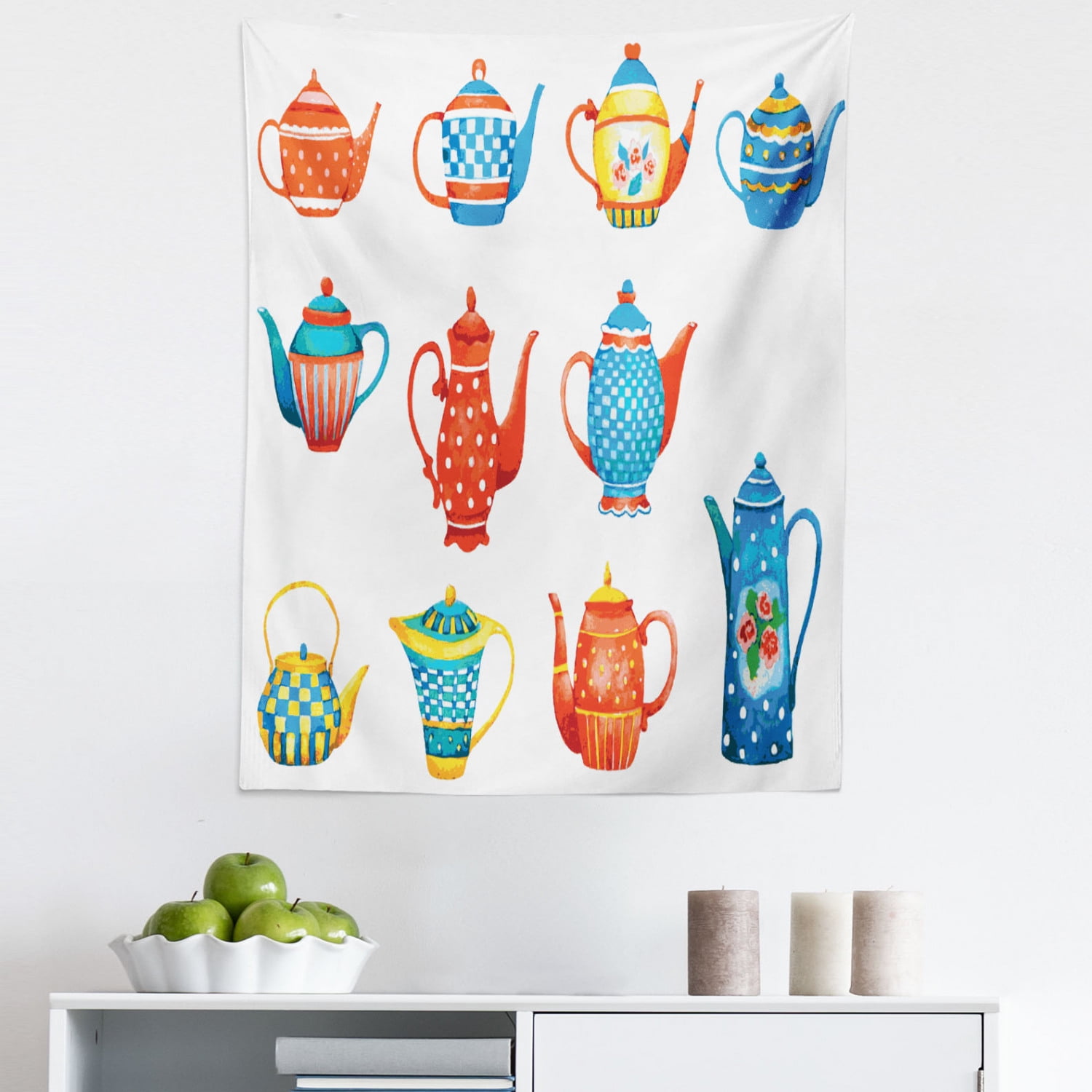 Tea Party Tapestry, Colorful Teapots Various Shapes Sizes Breakfast ...