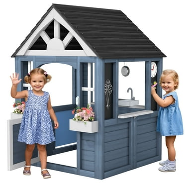 Qaba Outdoor Playhouse, Foldable Wooden Kids Cottage with Windows ...