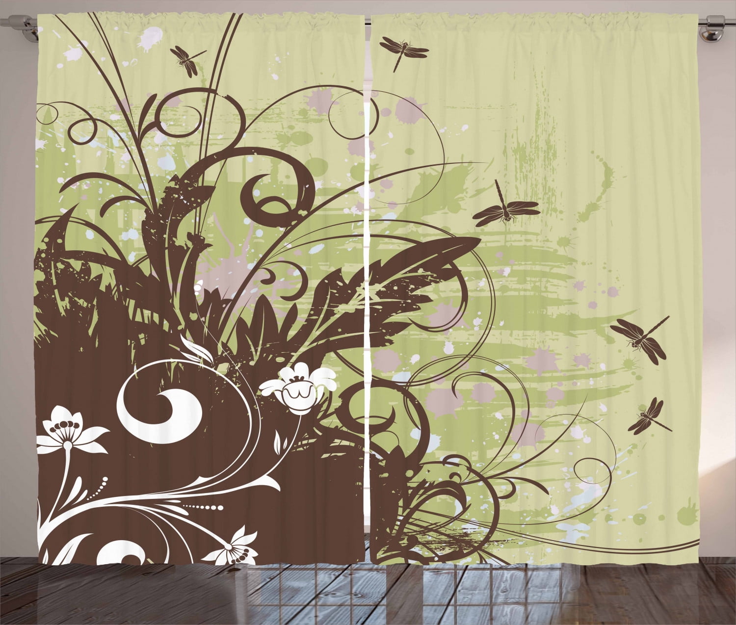 Dragonfly Curtains 2 Panels Set, Retro Style Flower with Grunge Effects ...