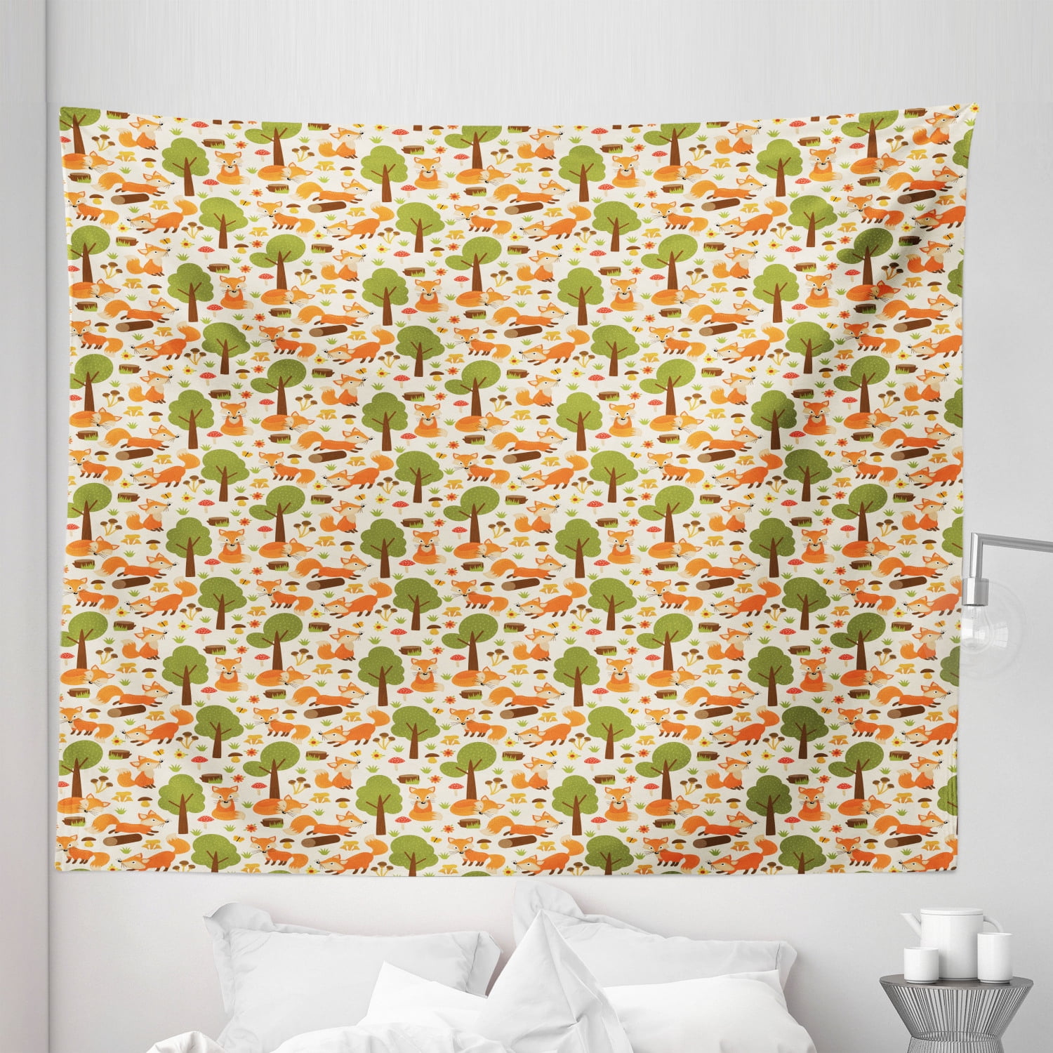 Fox Tapestry, Wildlife Illustration with Foxes Mushrooms Flowers and ...