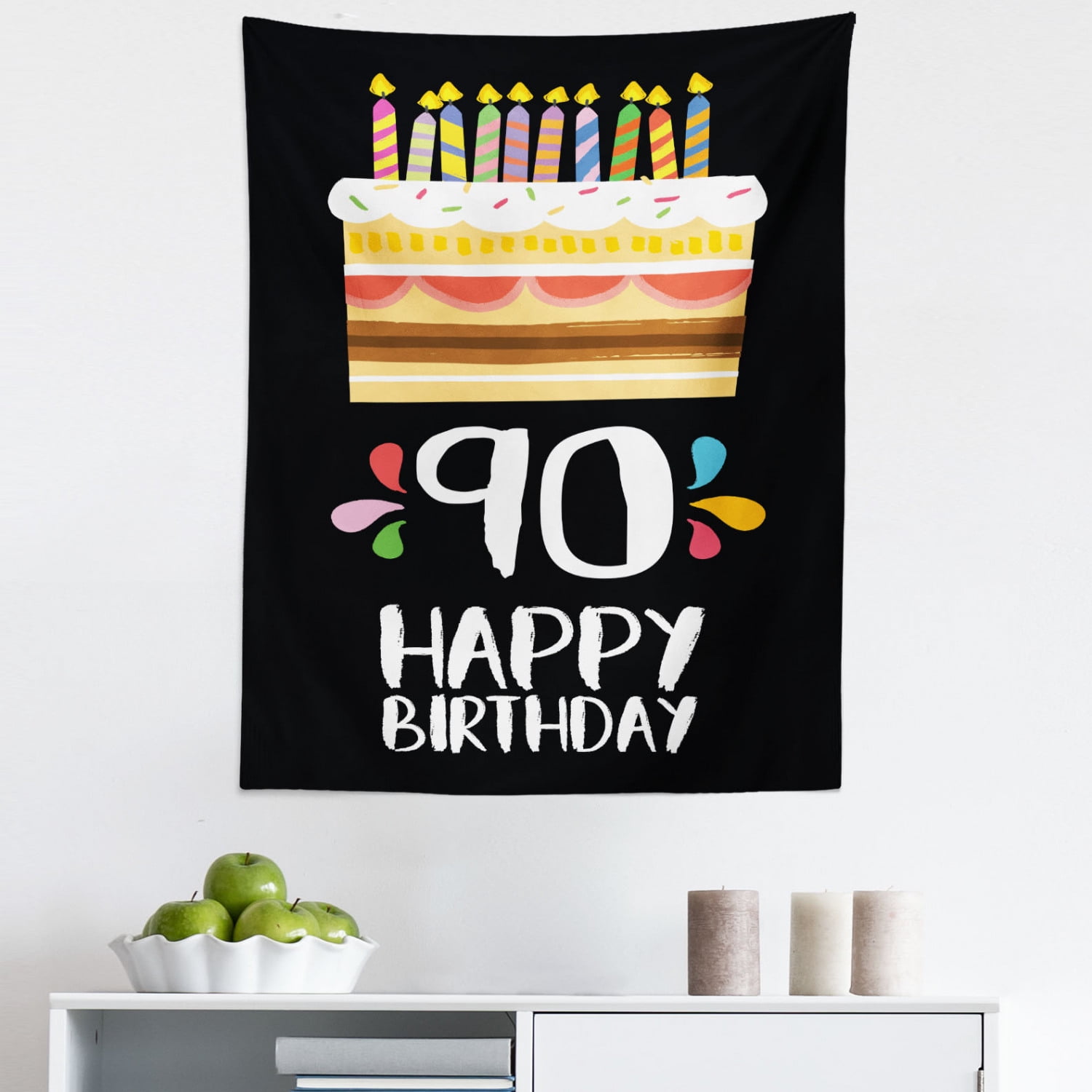 Birthday Tapestry, Colorful Party Set on a Dark Background Cake Candles ...