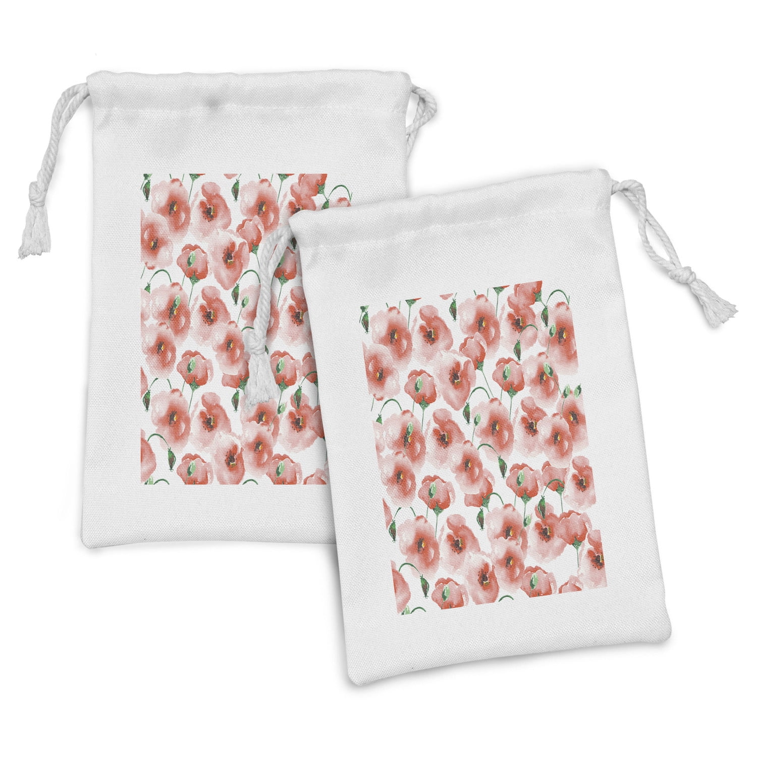 Flower Fabric Pouch Set of 2, Poppies Pattern Twigs Bouquet Ornament ...