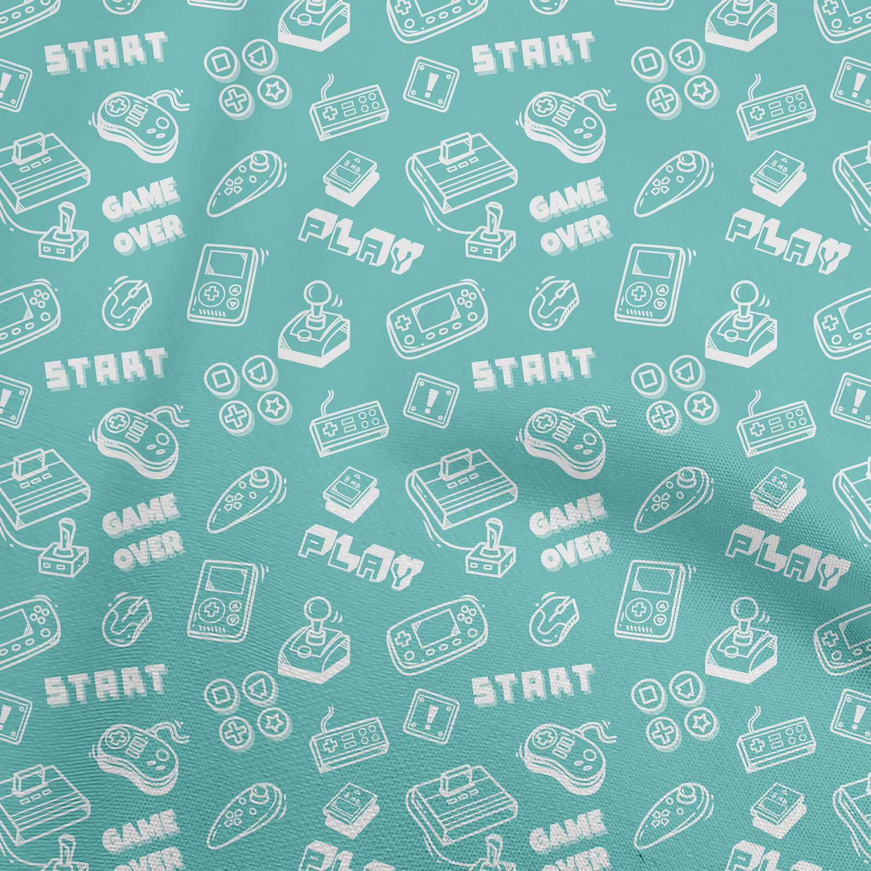 oneOone Viscose Chiffon Aqua Blue Fabric Game Video Game Doodle Fabric ...