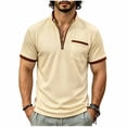 Ceisia Men Grid Texture Half Zip Pocket Trim Short Sleeve Stand Collar ...