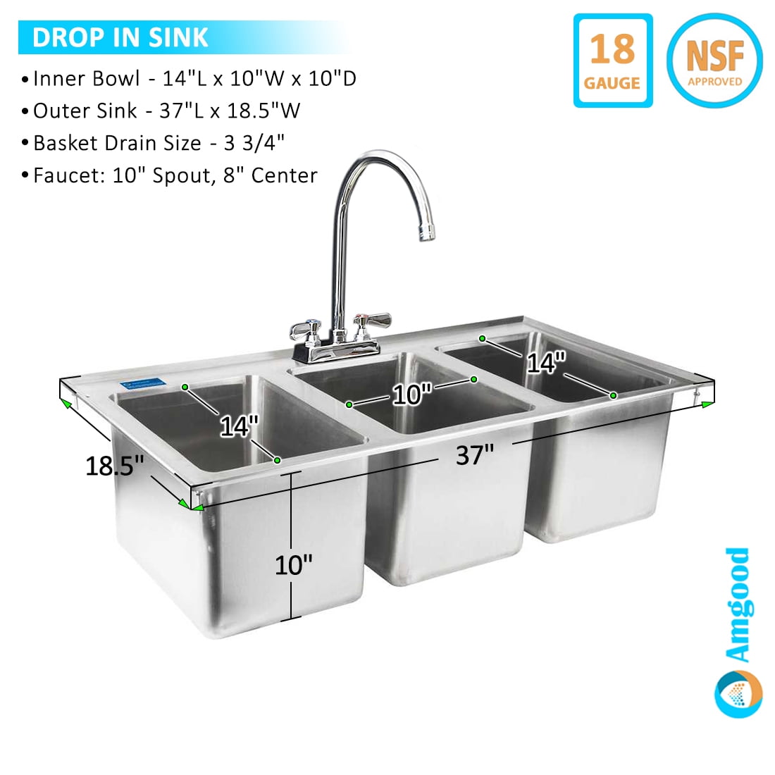 AmGood Stainless Steel Drop Sink - 3 Compartment Drop in Sink 10"x14 ...