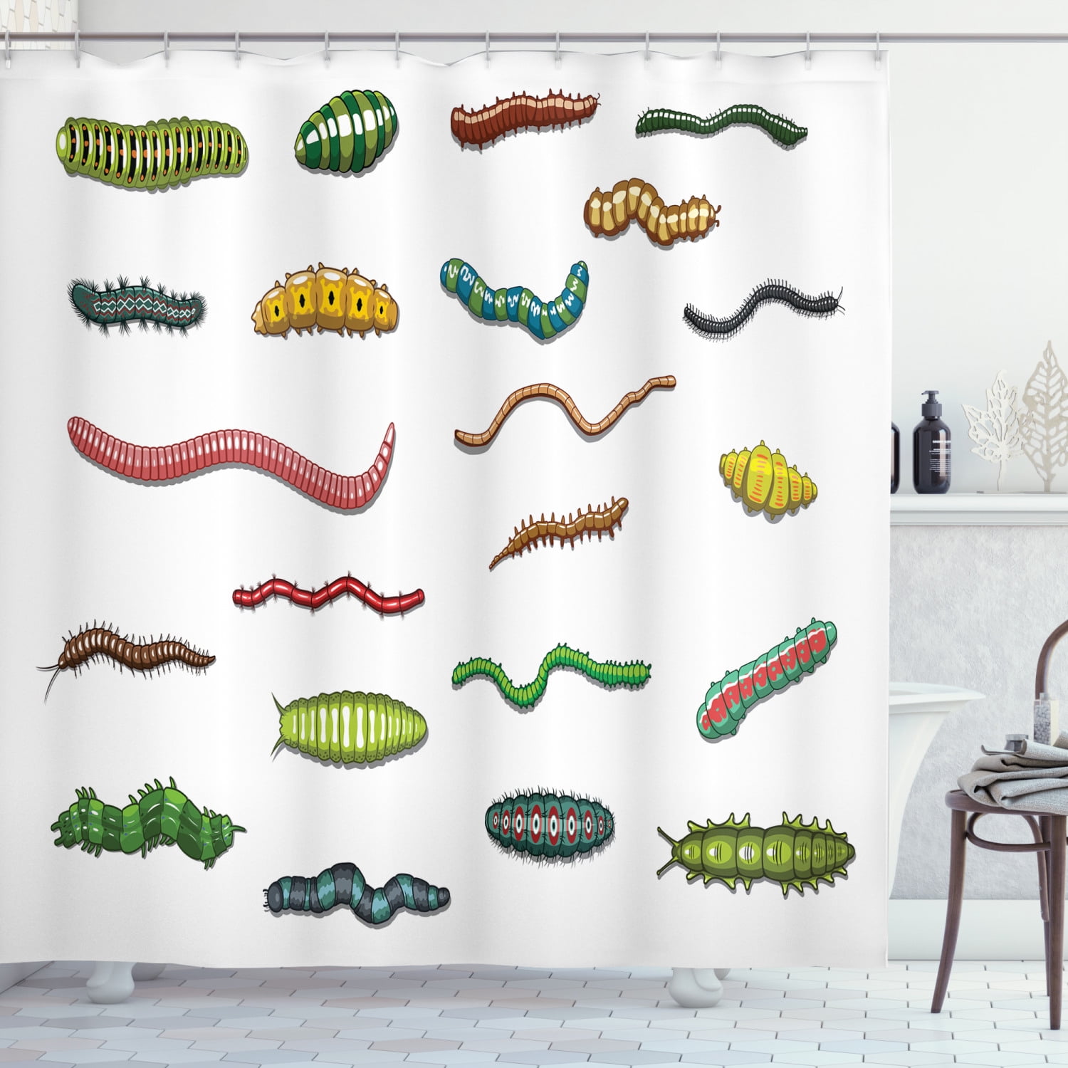 Animals Shower Curtain, Cartoon Style Caterpillars and Worms Ecology ...