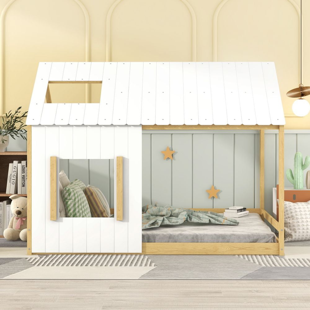 Full Size House Bed with Roof and Window,White+Natural - Walmart.com