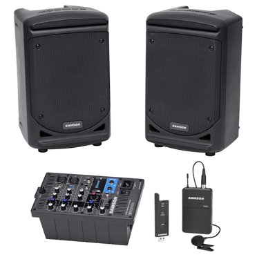 Samson Expedition XP800 800 Watt 8" PA DJ Speakers+Mixer+Lavalier Mic ...