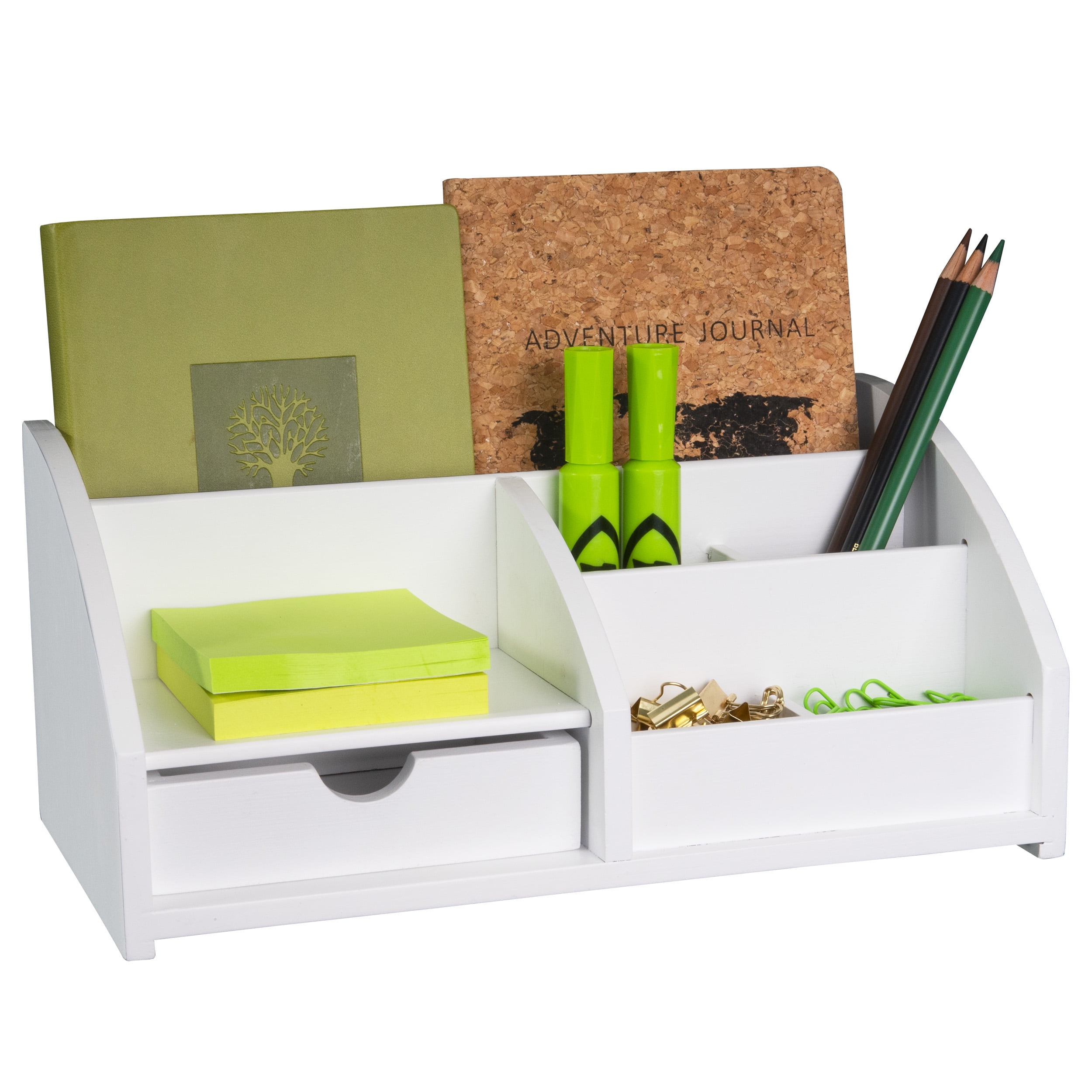 MissionMax White Bamboo Organizer with Drawer, Compartments & Notebook ...