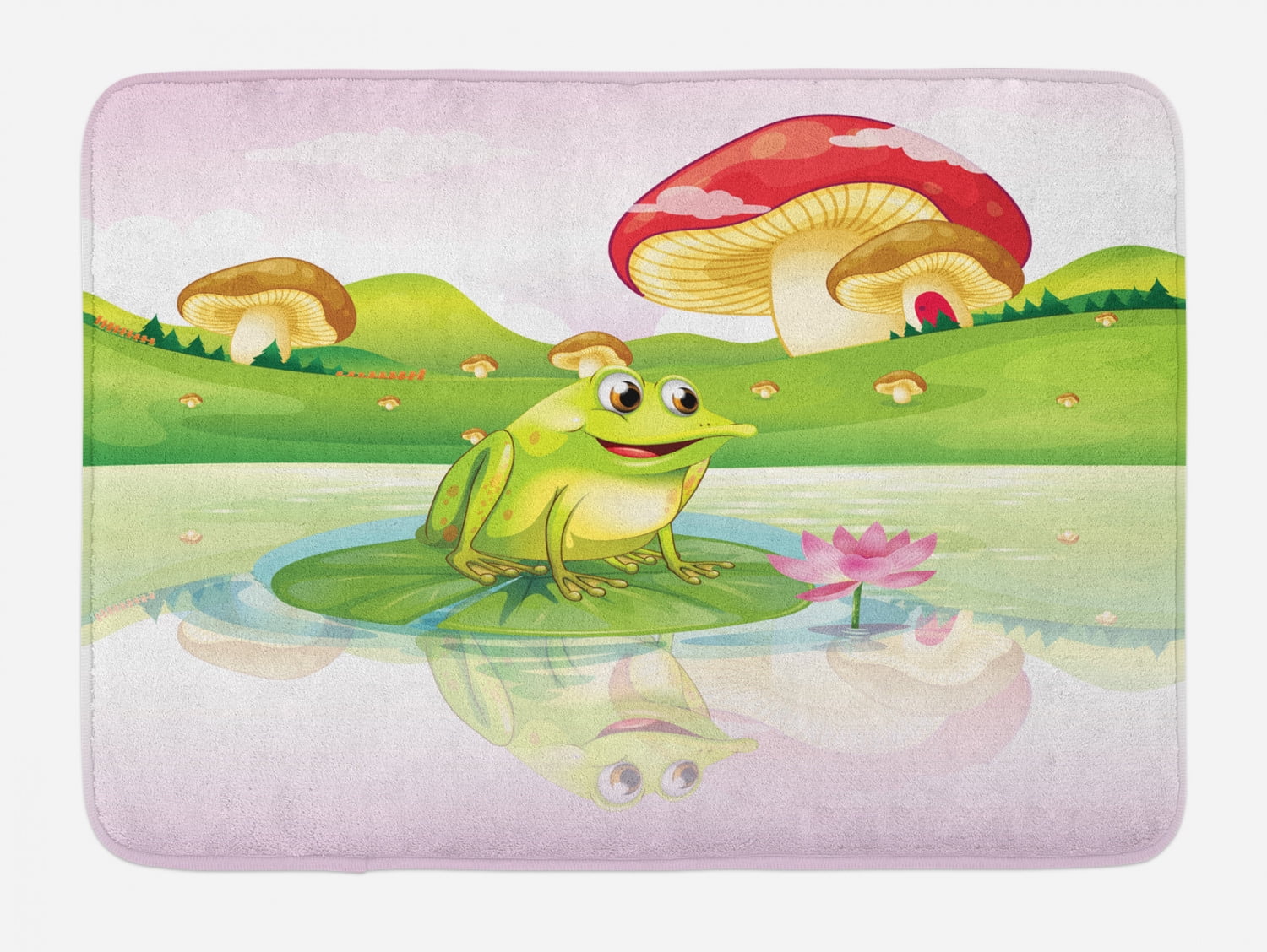 Animal Bath Mat, Illustration of Cute Frog on Water Lily with Mushrooms ...