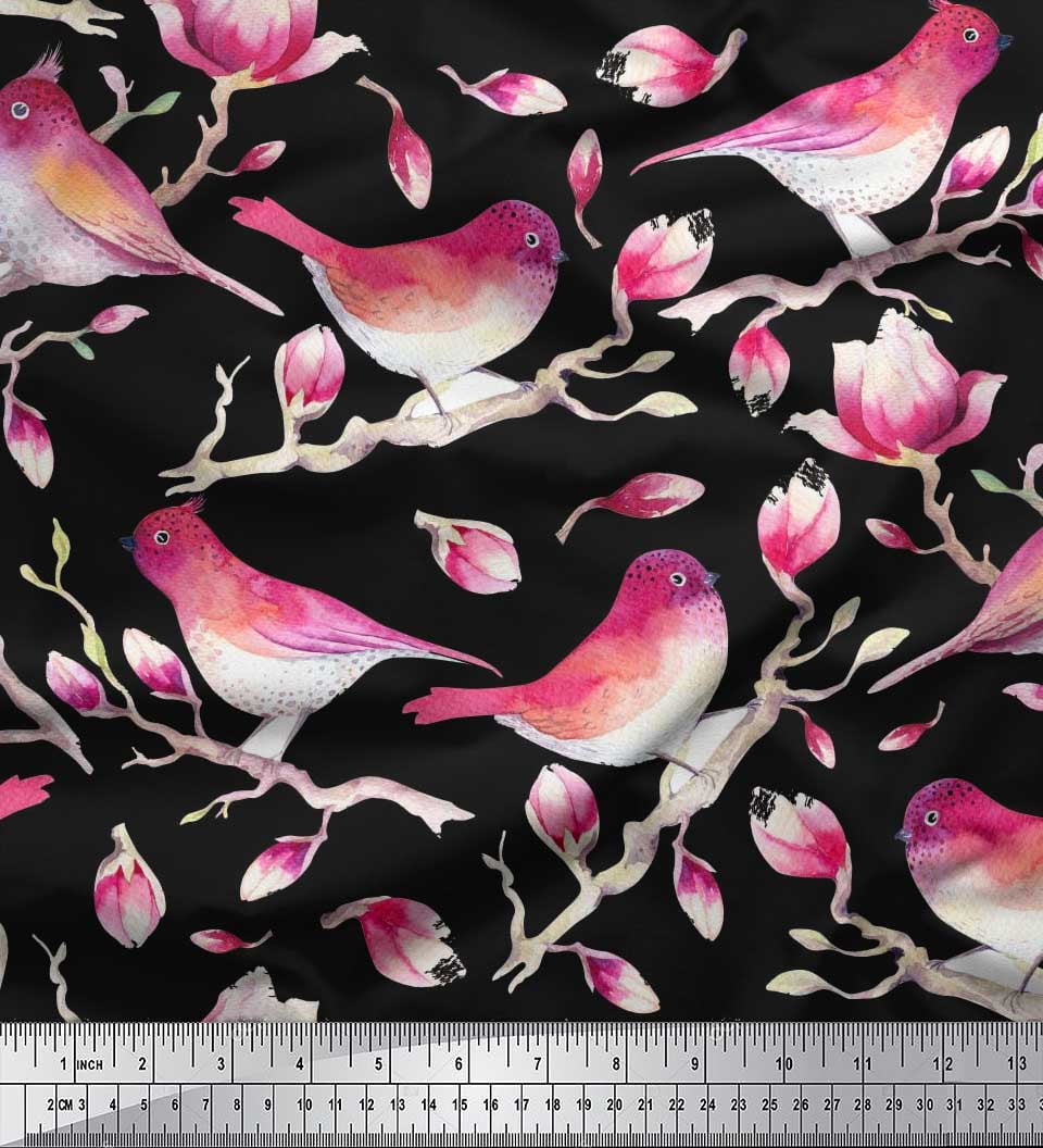 Soimoi Black Velvet Fabric Branch,Pink Floral & American Robin Bird ...