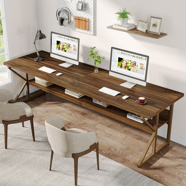 Tribesigns 2 Person Desk 79 Inch Long Desk with Storage Shelf Large Brown Computer Desk Double Desk Writing Table Desk for Home Office Walmart Business Supplies