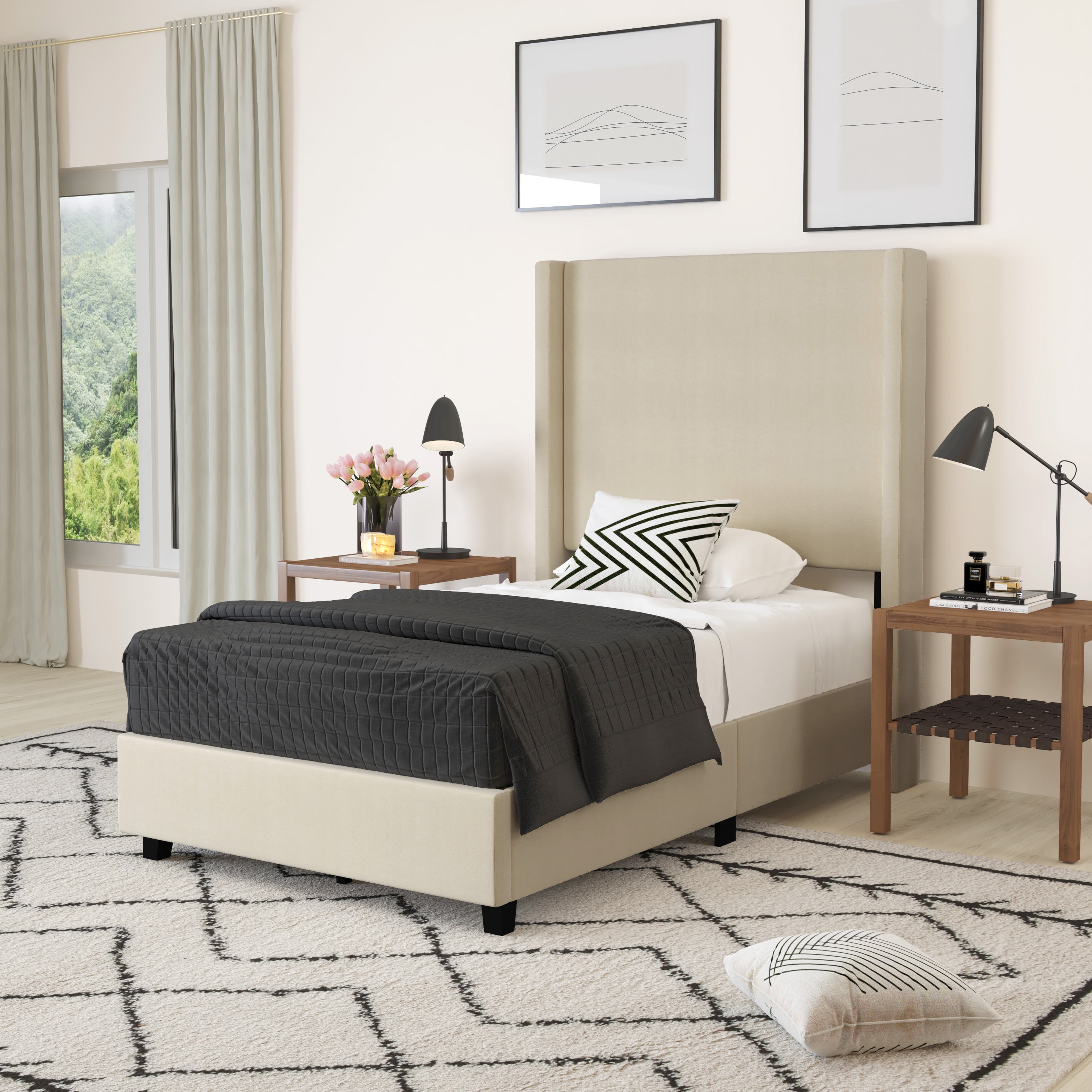 Merrick Lane Modern Twin Size Platform Bed Frame with Padded Faux Linen ...