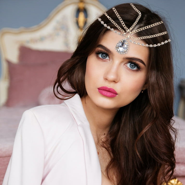 Head Jewelry Forehead Tiara Hair Accessories Chain Wedding Headpiece Miss Alloy Size 28.4x1.6cm Gold