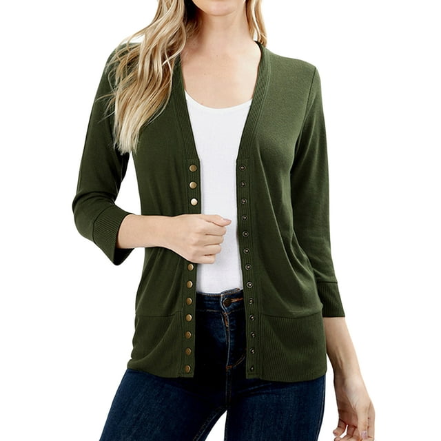 TheLovely Women & Plus Front V-Neck Classic Thin Snap Button Down 3/4 ...